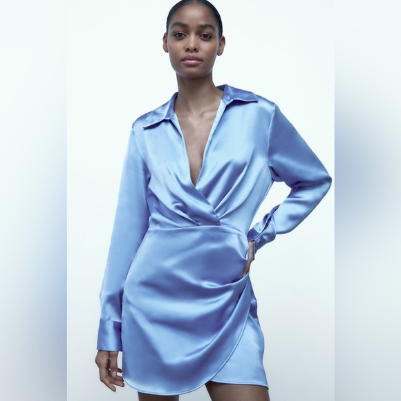 Zara | Dresses | Zara Light Blue Short Satin Effect Dress | Poshmark